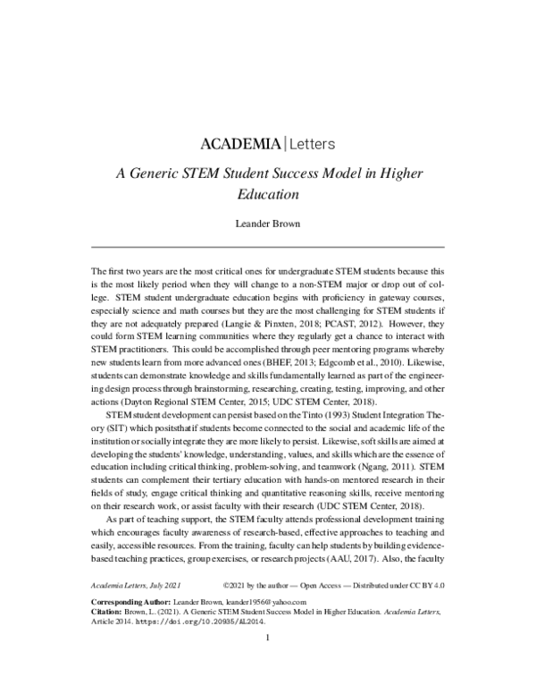 (PDF) A Generic STEM Student Success Model in Higher Education