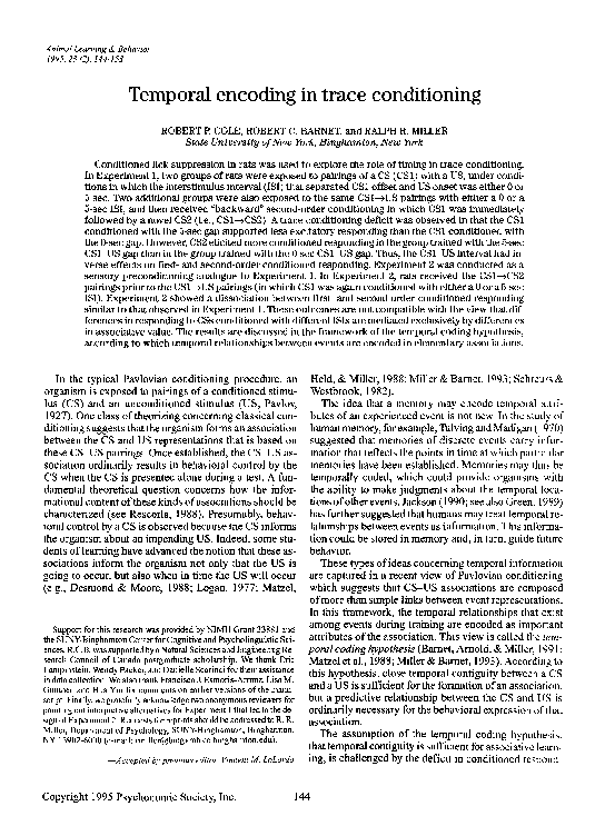 (PDF) Temporal encoding in trace conditioning