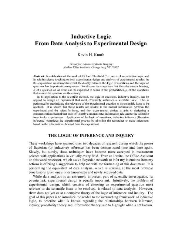 (PDF) Inductive logic: from data analysis to experimental design