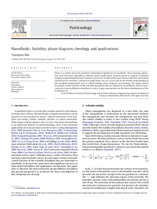 (PDF) Nanofluids: Stability, phase diagram, rheology and applications