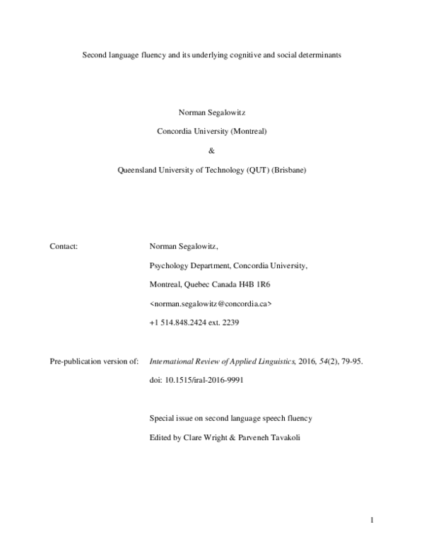 (PDF) Second language fluency and its underlying cognitive and social determinants