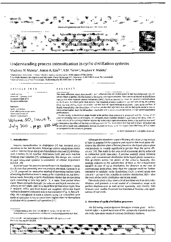 (PDF) Chemical Engineering and Processing: Process Intensification