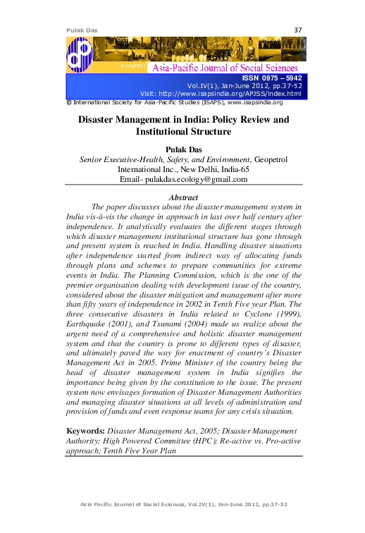 (PDF) Disaster Management in India: Policy Review and Institutional ...