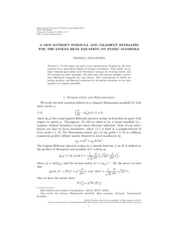 (PDF) A New Entropy Formula and Gradient Estimates for the Linear Heat ...