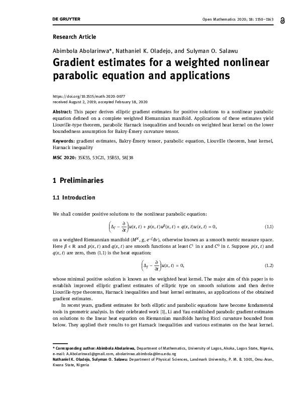 Pdf Gradient Estimates For A Weighted Nonlinear Parabolic Equation And Applications