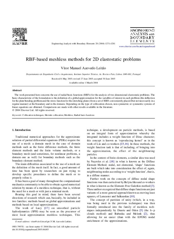 (PDF) RBF-based meshless methods for 2D elastostatic problems