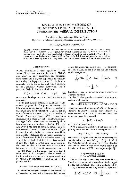 Pdf Simulation Comparisons Of Point Estimation Methods In The 2 Parameter Weibull Distribution