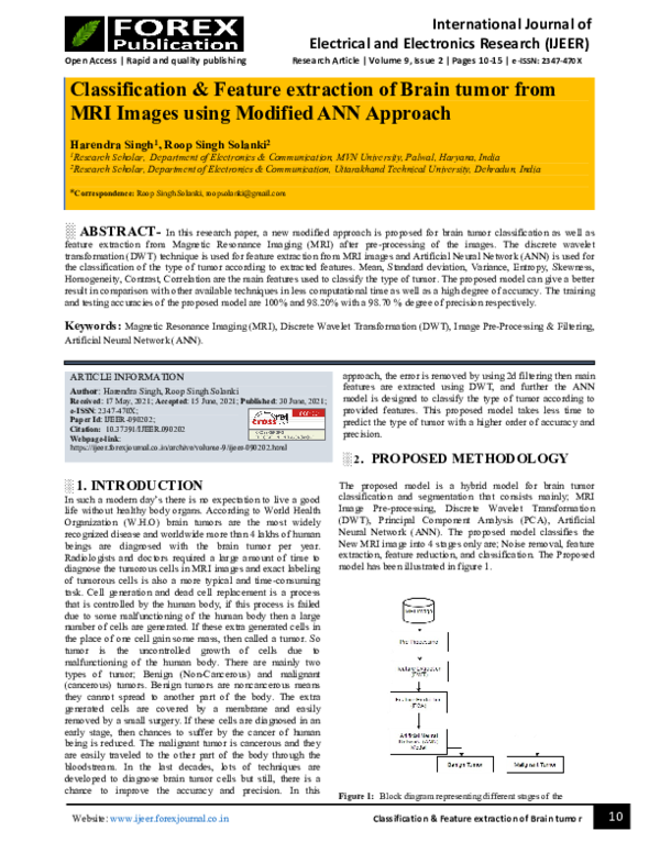Pdf Classification And Feature Extraction Of Brain Tumor From Mri