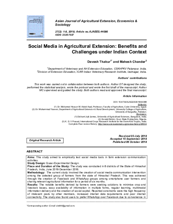 (PDF) Social Media in Agricultural Extension: Benefits and Challenges ...