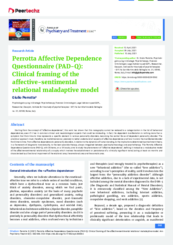 (PDF) Perrotta Affective Dependence Questionnaire (PAD-Q): Clinical ...