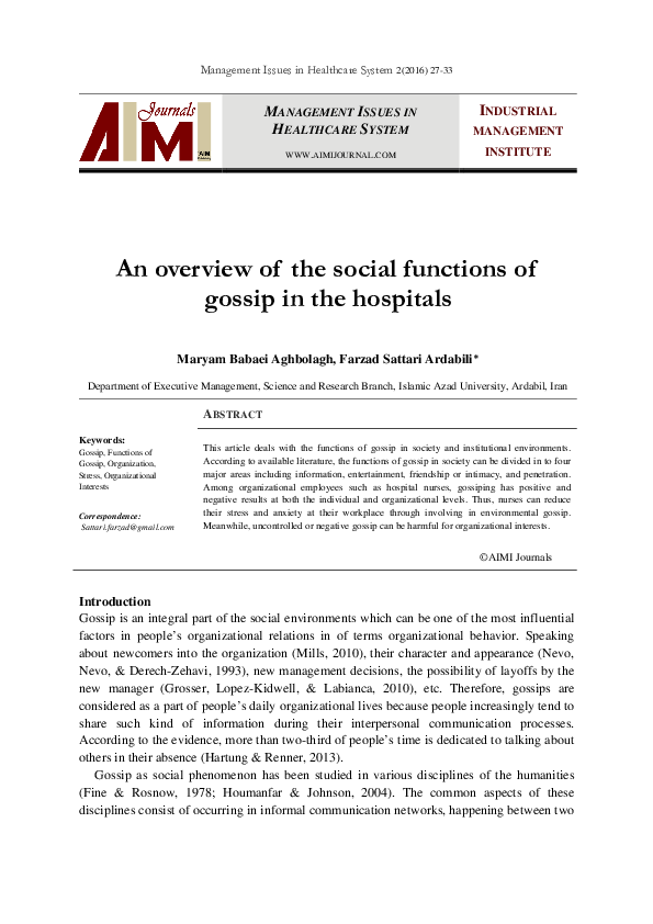 (PDF) An Overview of the Social Functions of Gossip in the Hospitals