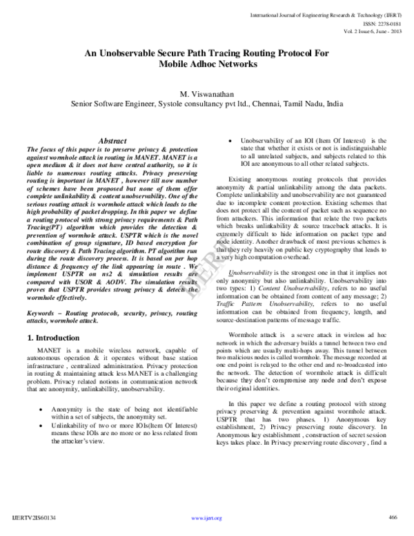 Pdf Ijert An Unobservable Secure Path Tracing Routing Protocol For