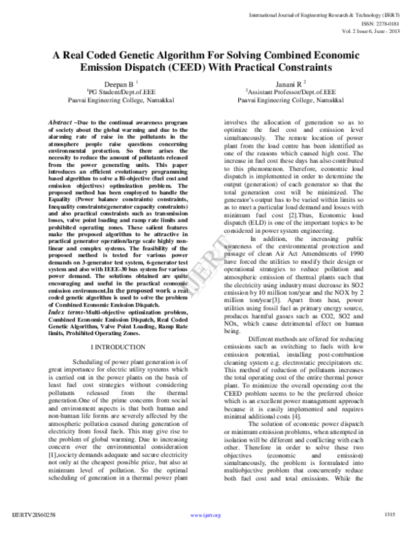 Pdf Ijert A Real Coded Genetic Algorithm For Solving Combined Economic Emission Dispatch Ceed