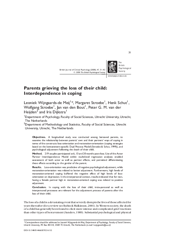 (PDF) Parents grieving the loss of their child: Interdependence in coping