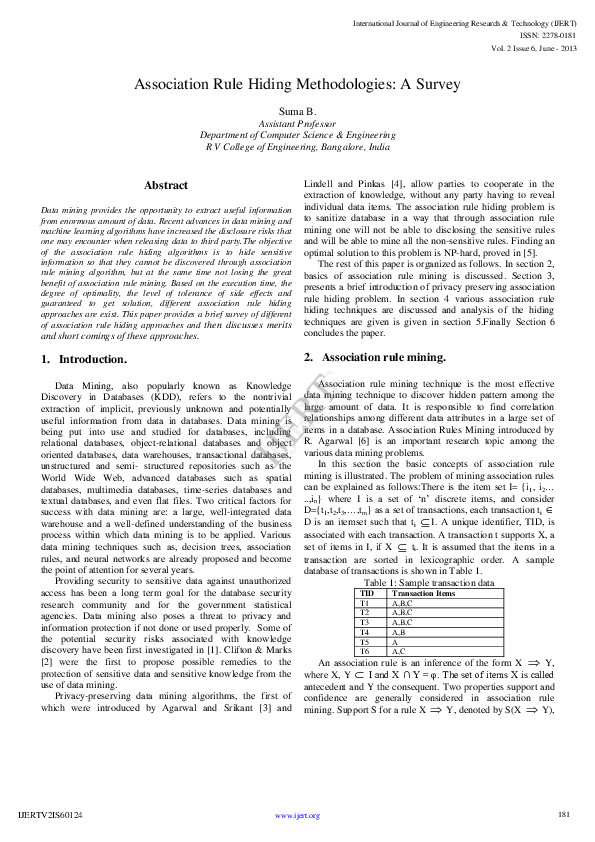 Pdf Ijert Association Rule Hiding Methodologies A Survey