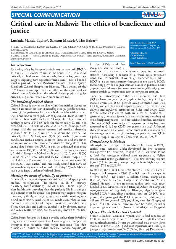 (PDF) Critical care in Malawi: The ethics of beneficence and justice