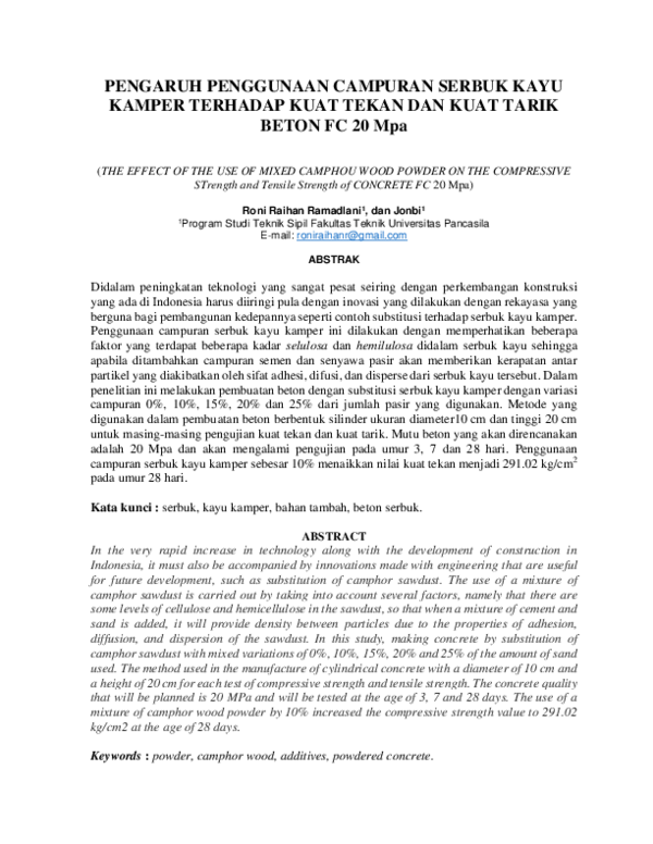 (PDF) PENGARUH PENGGUNAAN CAMPURAN SERBUK KAYU KAMPER TERHADAP KUAT TEKAN DAN KUAT TARIK BETON ...