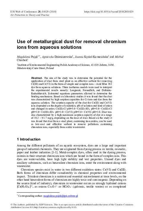 (PDF) Use of metallurgical dust for removal chromium ions from aqueous ...
