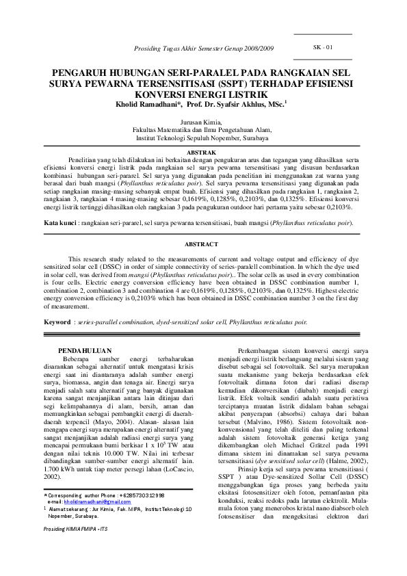 (PDF) PENGARUH HUBUNGAN SERI-PARALEL PADA RANGKAIAN SEL SURYA PEWARNA TERSENSITISASI (SSPT ...