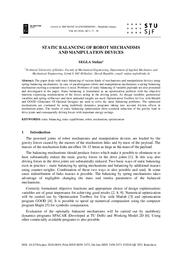 (PDF) Static Balancing of Robot Mechanisms and Manipulation Devices
