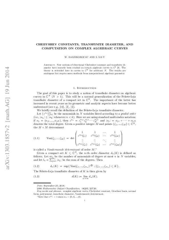 Pdf Chebyshev Constants Transfinite Diameter And Computation On