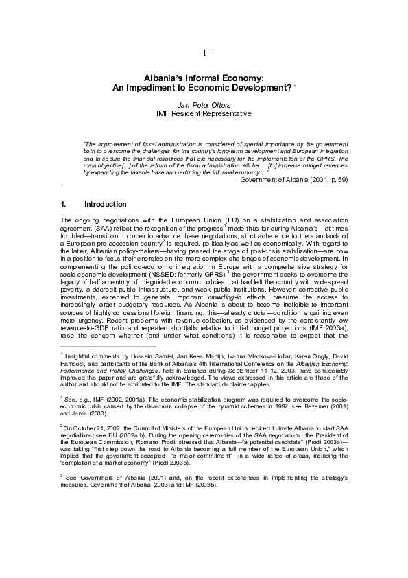 (PDF) Albania's Informal Economy: An Impediment to Economic Development?