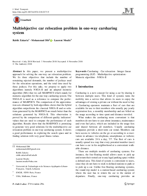Pdf Optimizing Car Relocation In One Way Carsharing Systems