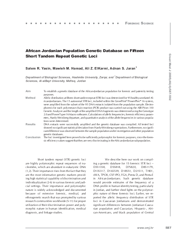 (PDF) African Jordanian population genetic database on fifteen short ...