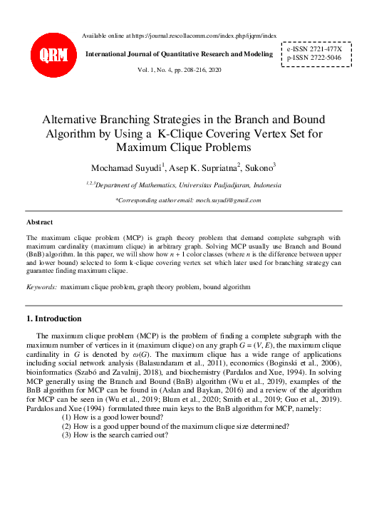 Pdf Alternative Branching Strategies In The Branch And Bound Algorithm By Using A K Clique 2328