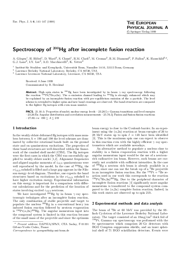 (PDF) Spectroscopy of 200 Hg after incomplete fusion reaction | Karl ...