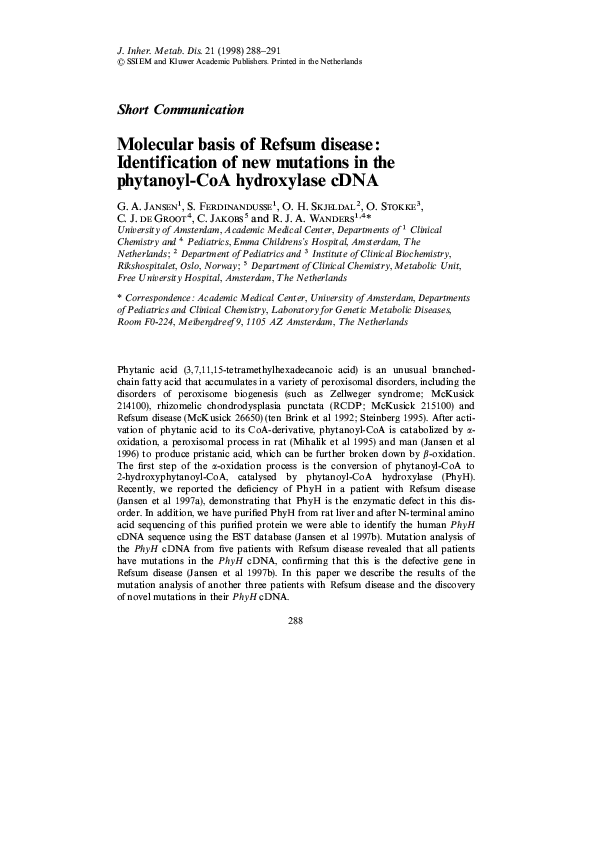 (PDF) Molecular basis of Refsum disease: identification of new mutations in the phytanoyl-CoA ...