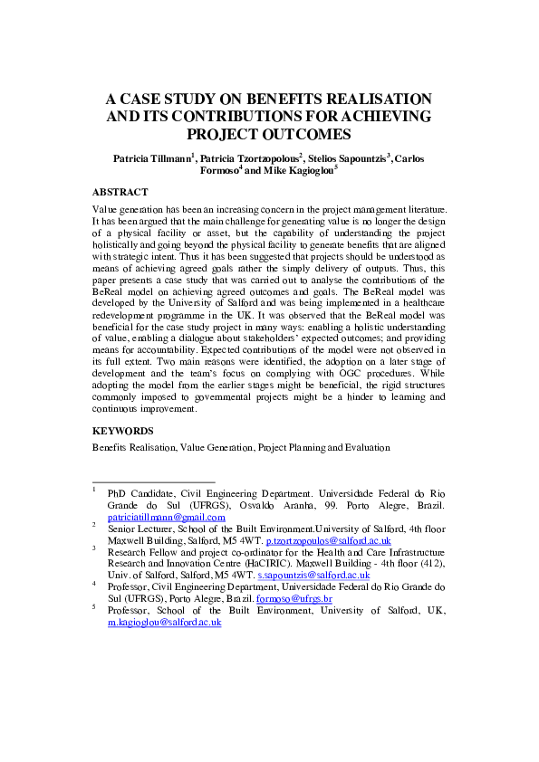 (PDF) A case study on benefits realization and its contributions for ...
