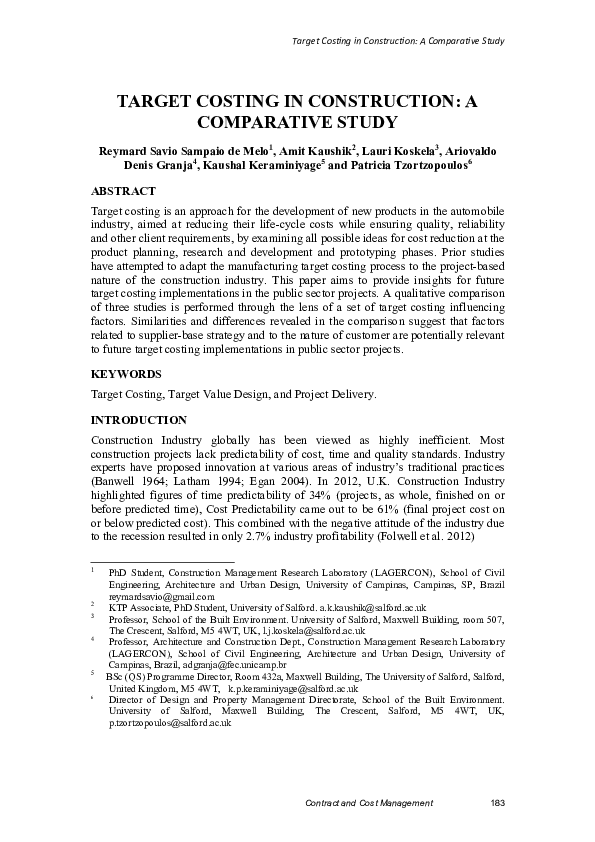 (PDF) Target Costing in Public Sector Construction