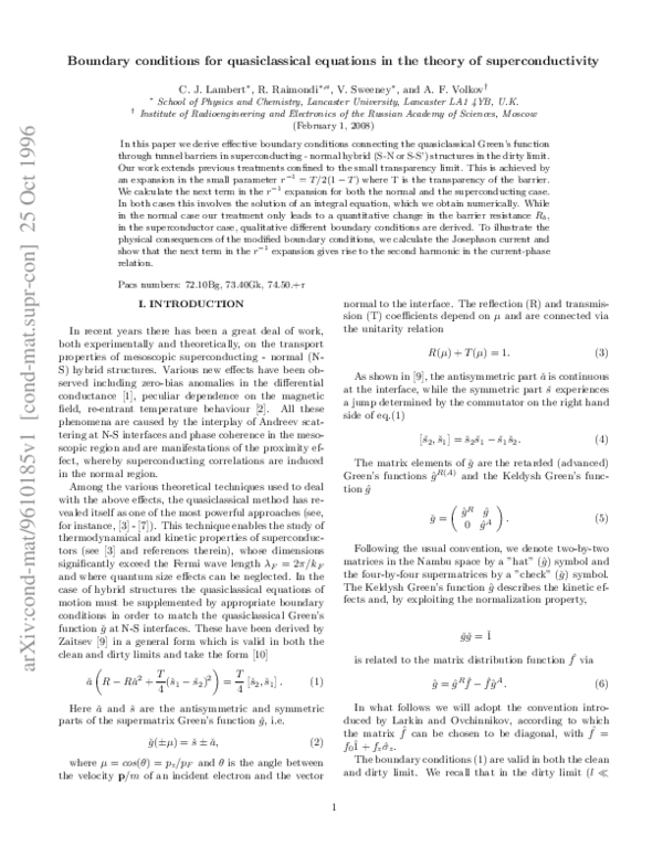 Pdf Boundary Conditions For Quasiclassical Equations In The Theory Of Superconductivity