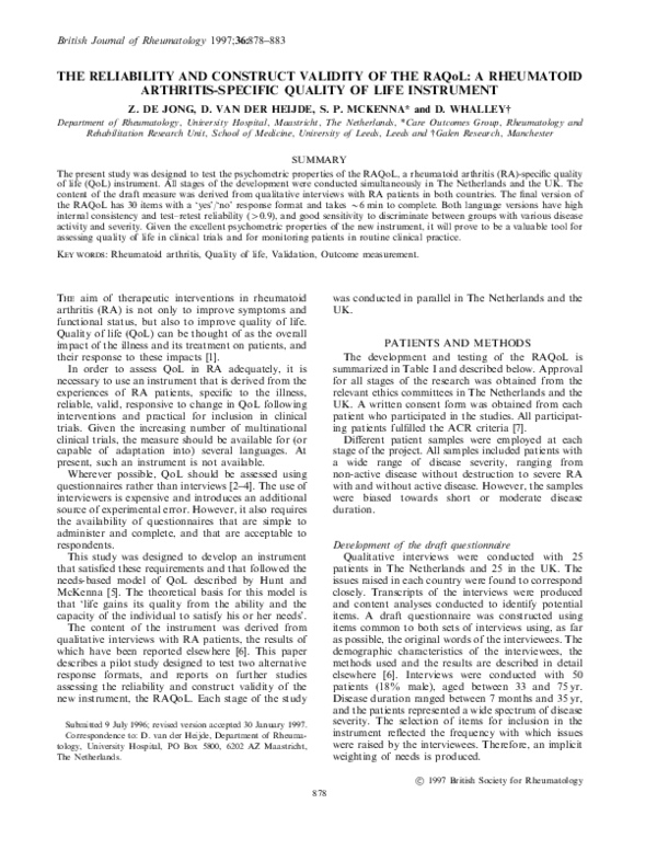 (PDF) The reliability and construct validity of the RAQoL: a rheumatoid ...