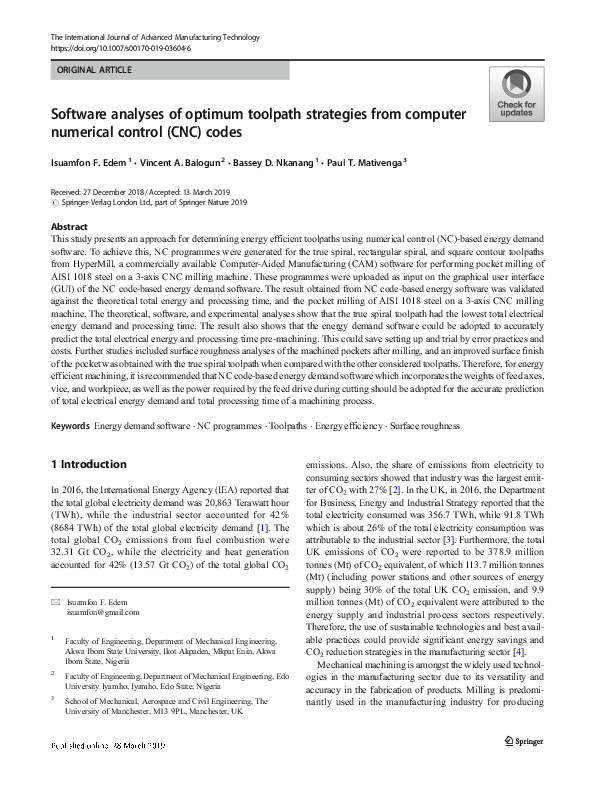 Pdf Software Analyses Of Optimum Toolpath Strategies From Computer Numerical Control Cnc Codes