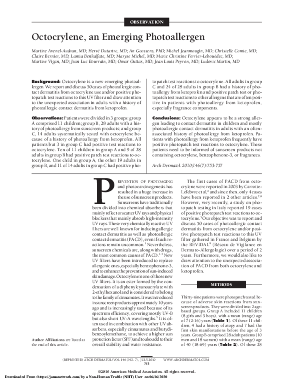 (PDF) Octocrylene, an Emerging Photoallergen