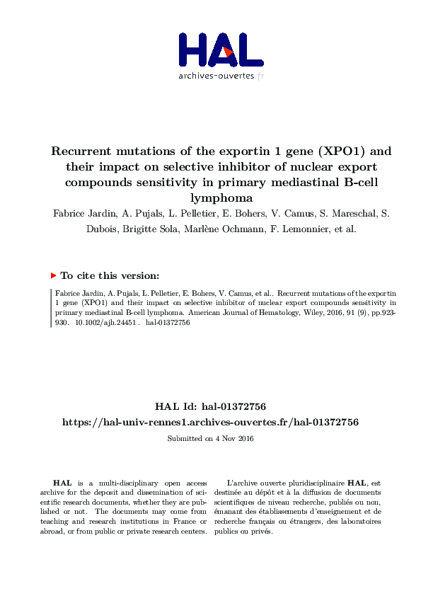 (PDF) Recurrent mutations of the exportin 1 gene (XPO1) and their ...