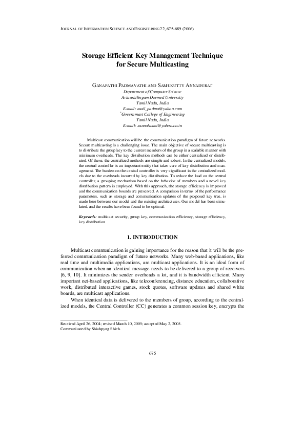 (PDF) Storage Efficient Key Management Technique for Secure Multicasting