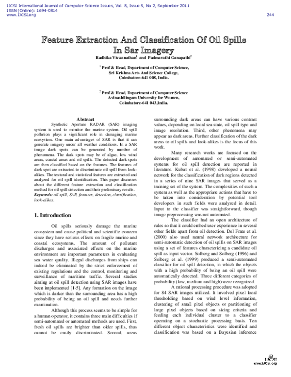 (PDF) Feature Extraction And Classification Of Oil Spills In Sar Imagery