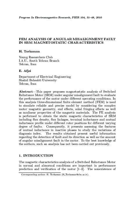 (PDF) Fem Analysis of Angular Misalignment Fault in SRM Magnetostatic Characteristics
