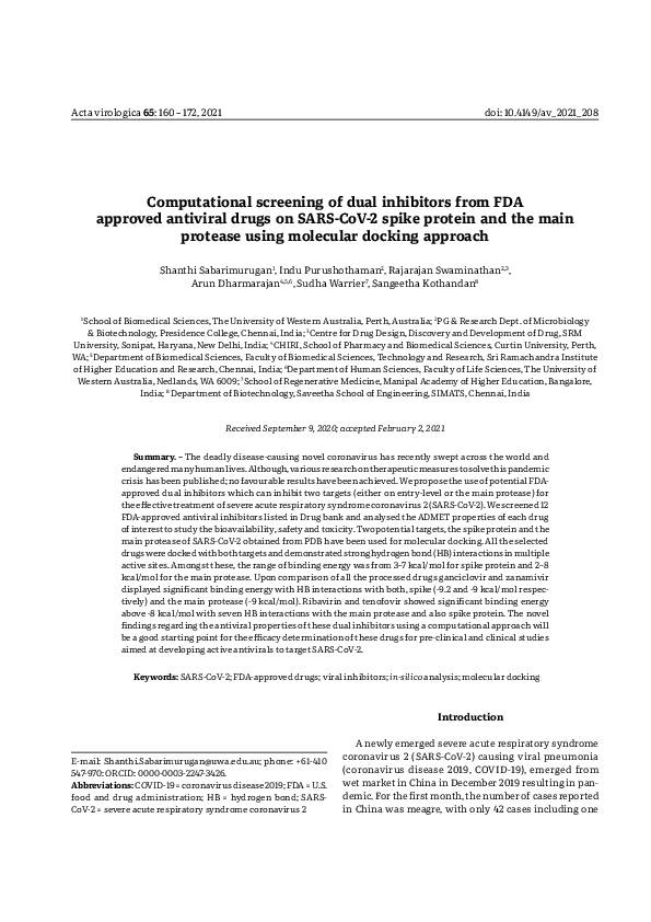 (PDF) Computational screening of dual inhibitors from FDA approved antiviral drugs on SARS-CoV-2 ...