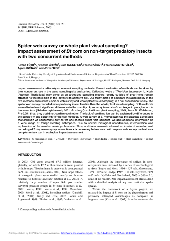 (PDF) Spider web survey or whole plant visual sampling? Impact ...