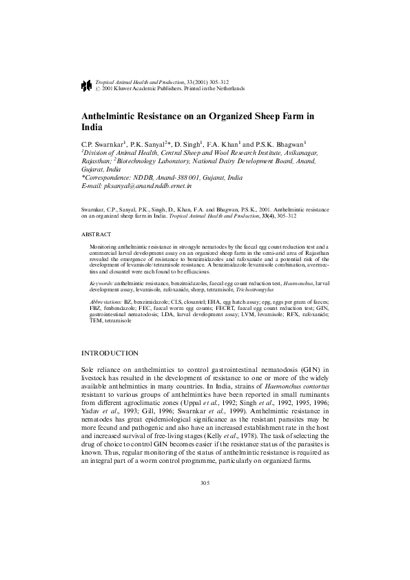 (PDF) Anthelmintic resistance on an organized sheep farm in India