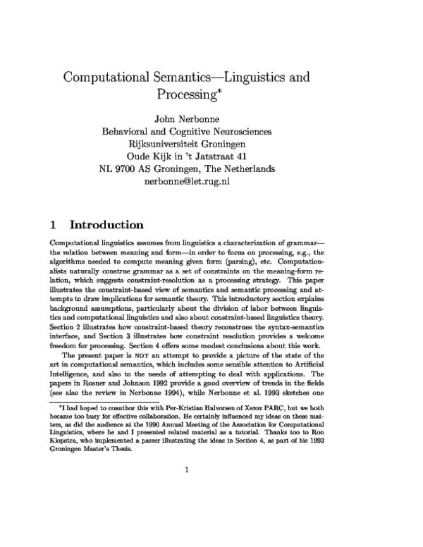 (PDF) Computational Semantics---Linguistics and Processing