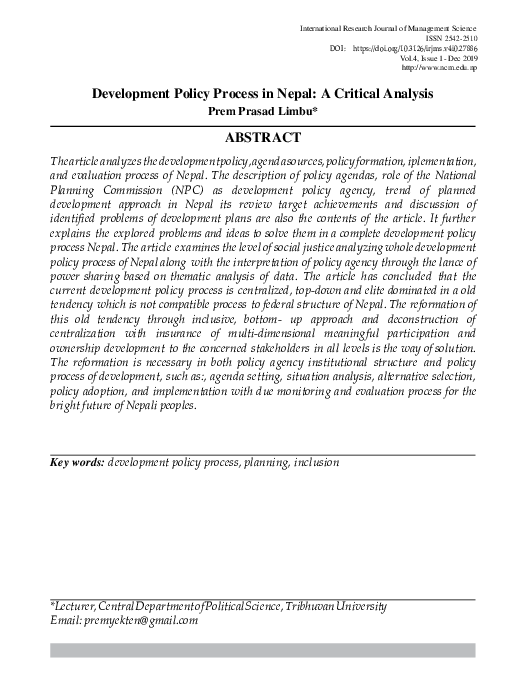(PDF) Development Policy Process in Nepal: A Critical Analysis