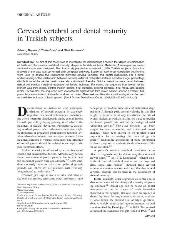 (PDF) Cervical vertebral and dental maturity in Turkish subjects | törün özer - Academia.edu