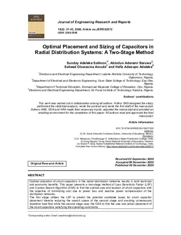 (PDF) Optimal Placement and Sizing of Capacitors in Radial Distribution Systems: A Two-Stage ...