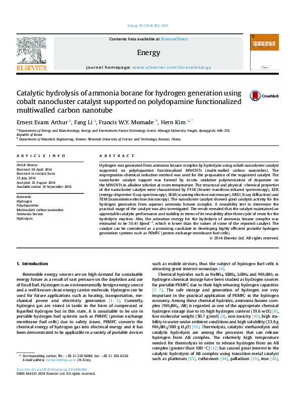 (PDF) Catalytic hydrolysis of ammonia borane for hydrogen generation using cobalt nanocluster ...