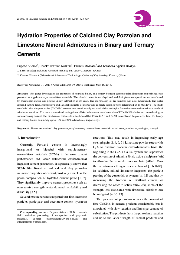 (PDF) Hydration Properties of Calcined Clay Pozzolan and Limestone Mineral Admixtures in Binary ...